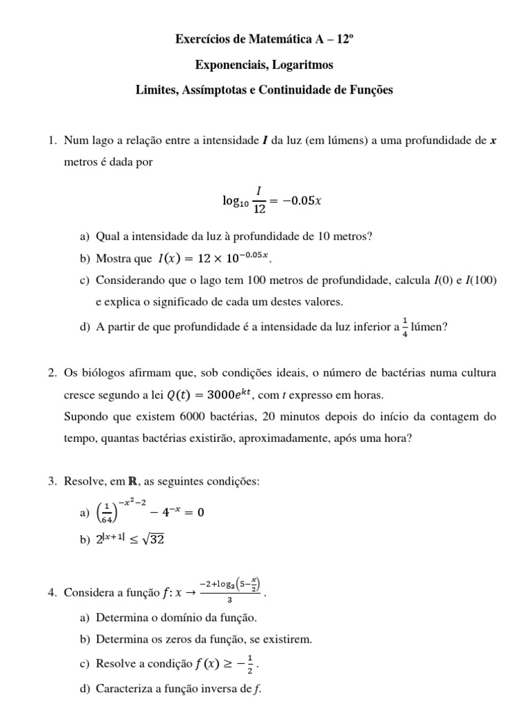 Exercícios de Matemática A - 12º - Funções | PDF | Equações | Função ...