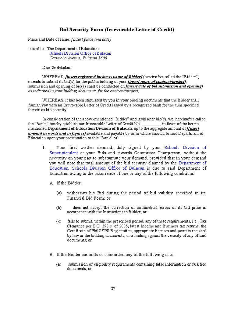 Bid Security Form (Irrevocable Letter of Credit) : Schools Division ...