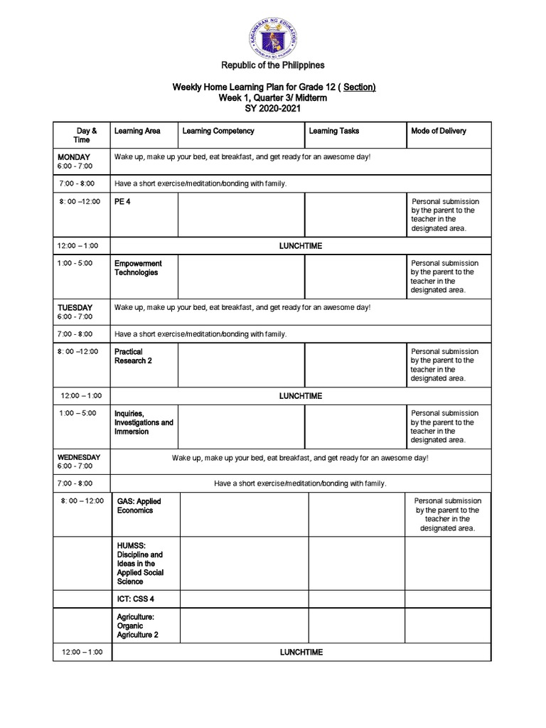 Weekly Home Learning Plan For Grade 12 (Section) Week 1, Quarter 3/ Midterm SY 2020-2021 | PDF ...