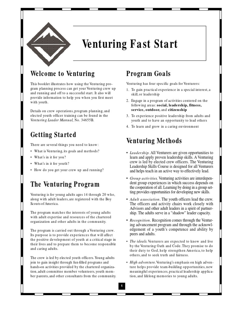 Venturing Fast Start: Welcome To Venturing Program Goals | PDF ...