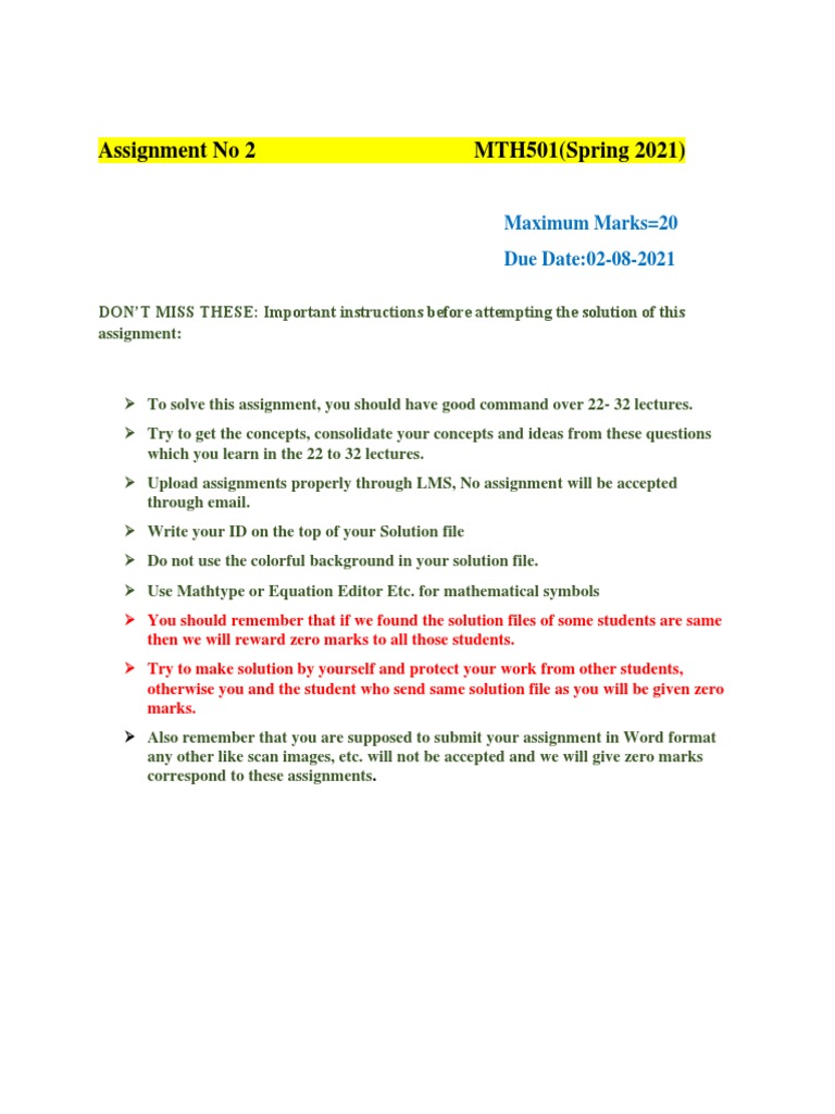 Assignment No 2 MTH501 (Spring 2021) | PDF