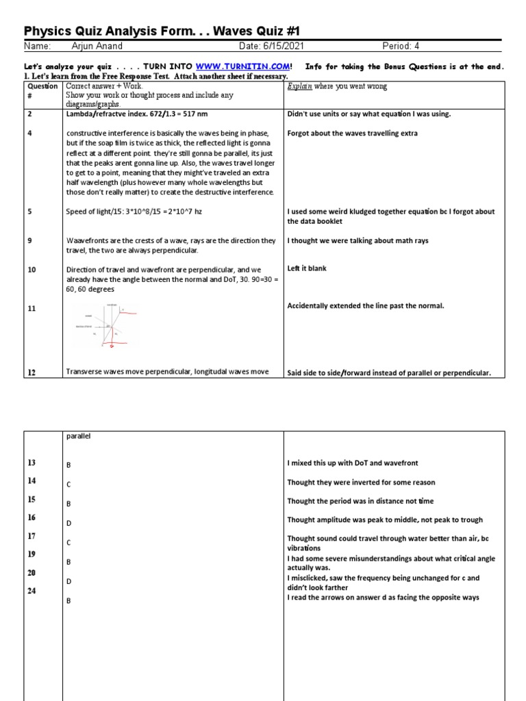 Waves Quiz - 1 Correction Form | PDF | Wavelength | Waves