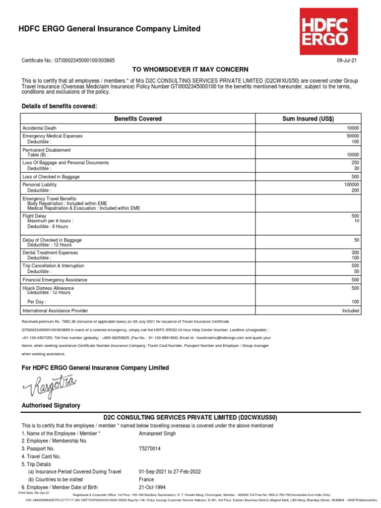 HDFC ERGO Group Travel Insurance Certificate | PDF | Deductible ...