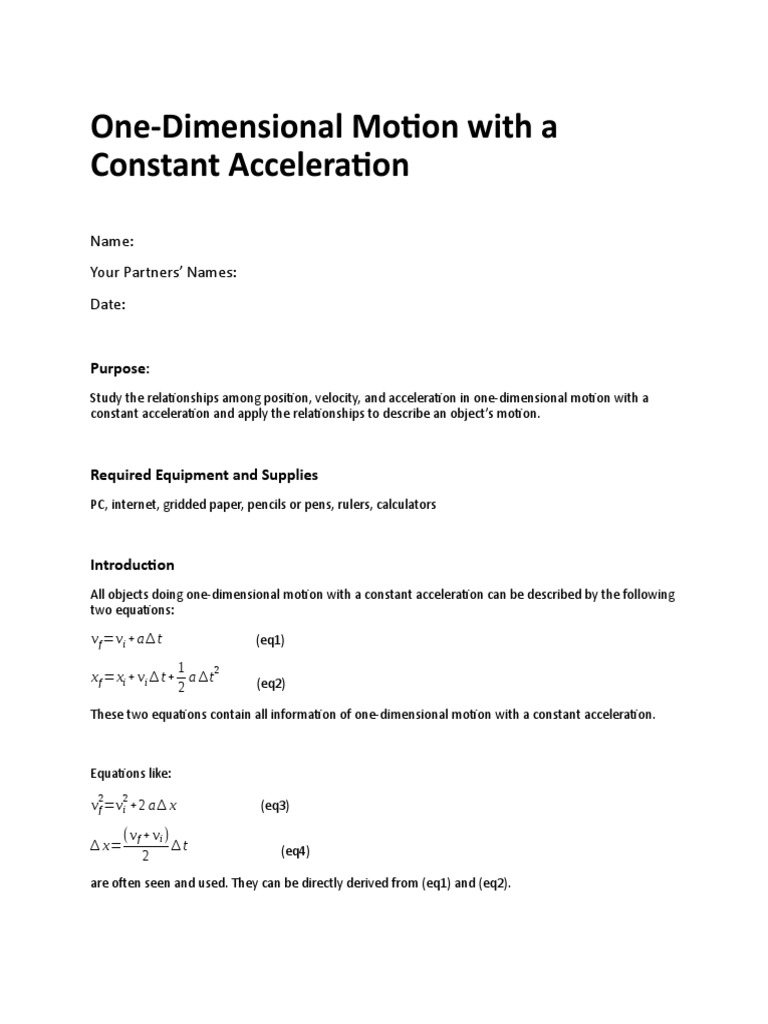 One-Dimensional Motion Lab Report | PDF | Acceleration | Velocity