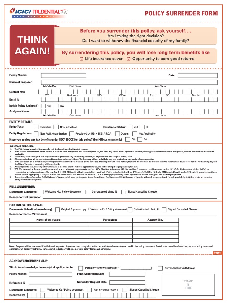 Think Again!: Policy Surrender Form | PDF | Cheque | Insurance