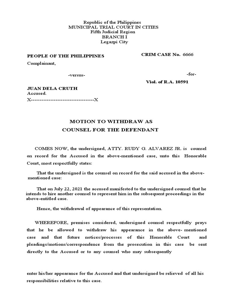 Motion To Withdraw As Counsel, Alvarez | PDF | Prosecutor | Criminal Justice