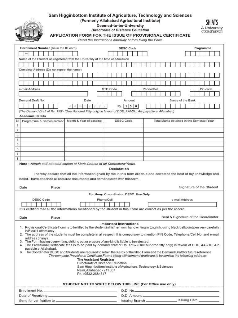 Provisional Certificate Form Pdf