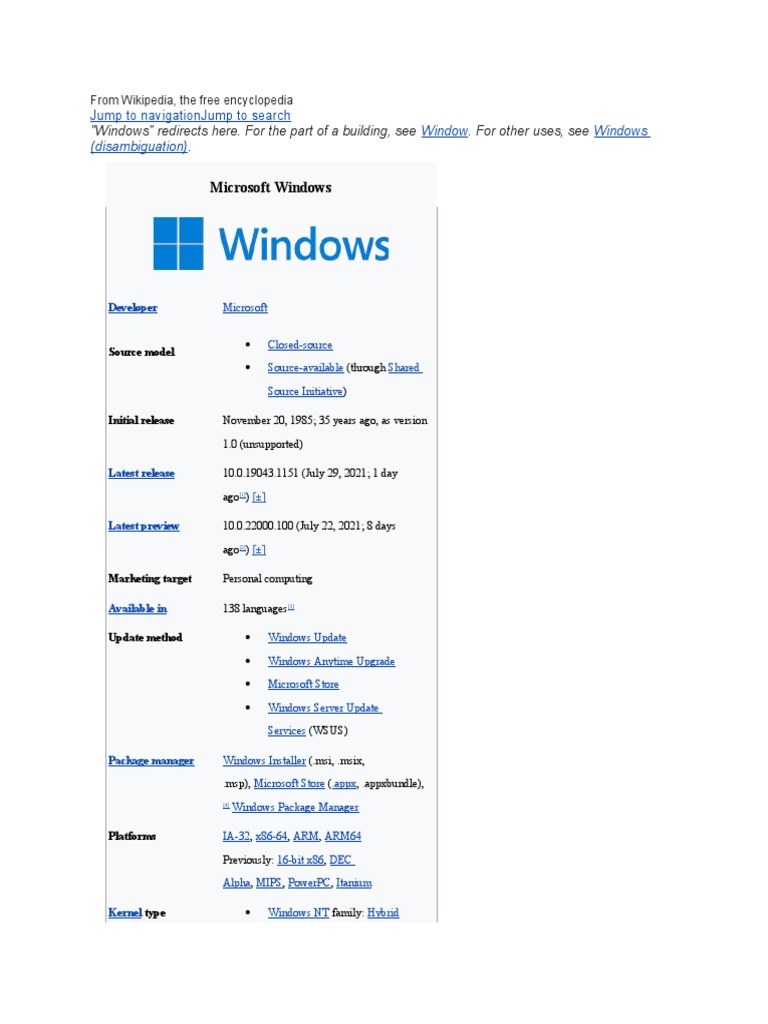 Microsoft Windows: "Windows" Redirects Here. For The Part of A Building ...