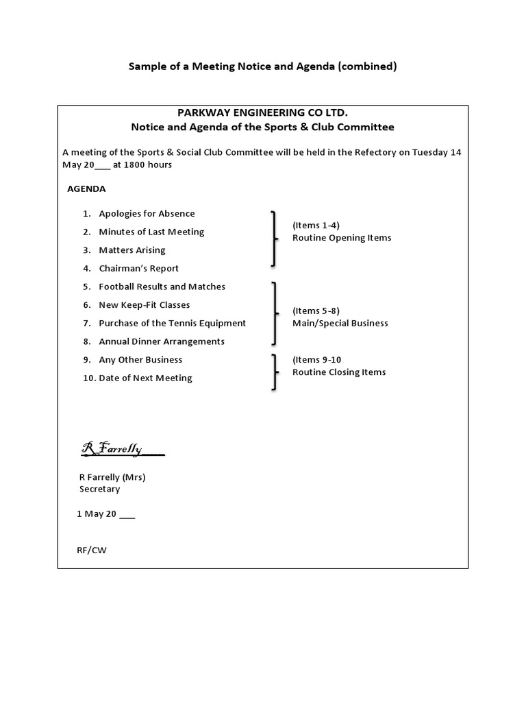 Meeting Notice and Agenda Sample | PDF