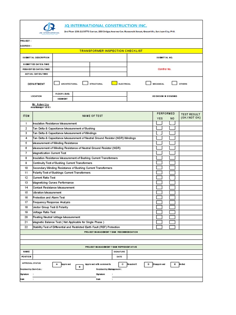 Electrical Checklist | PDF | Transformer | Electrical Wiring