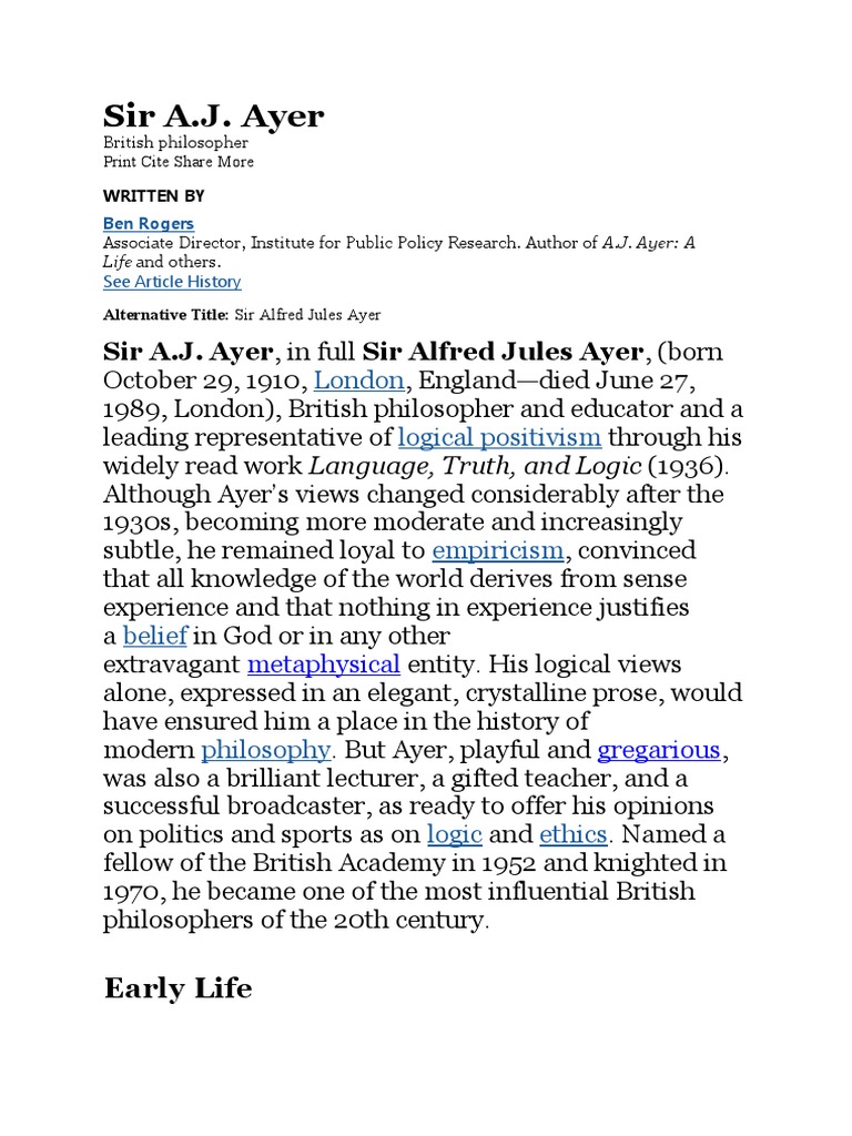 Sir A.J. Ayer, in Full Sir Alfred Jules Ayer, (Born | PDF ...