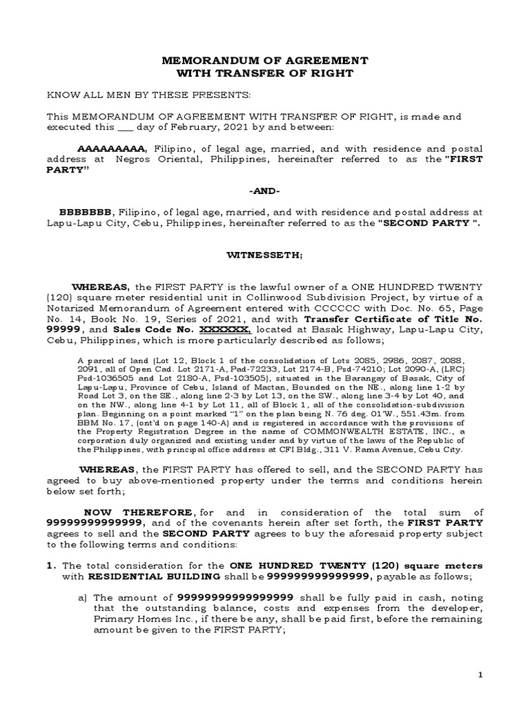 Memorandum of Agreement of Real Property With Transfer of Right ...