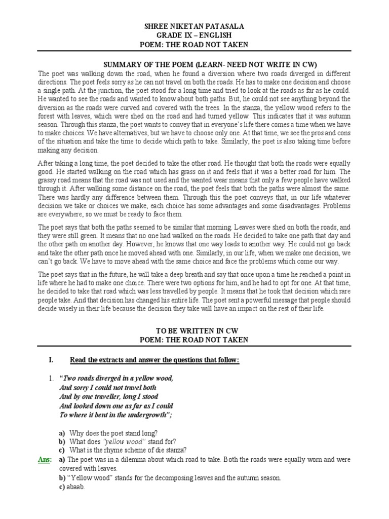 9E Eng CW The Road Not Taken | PDF | Poetry