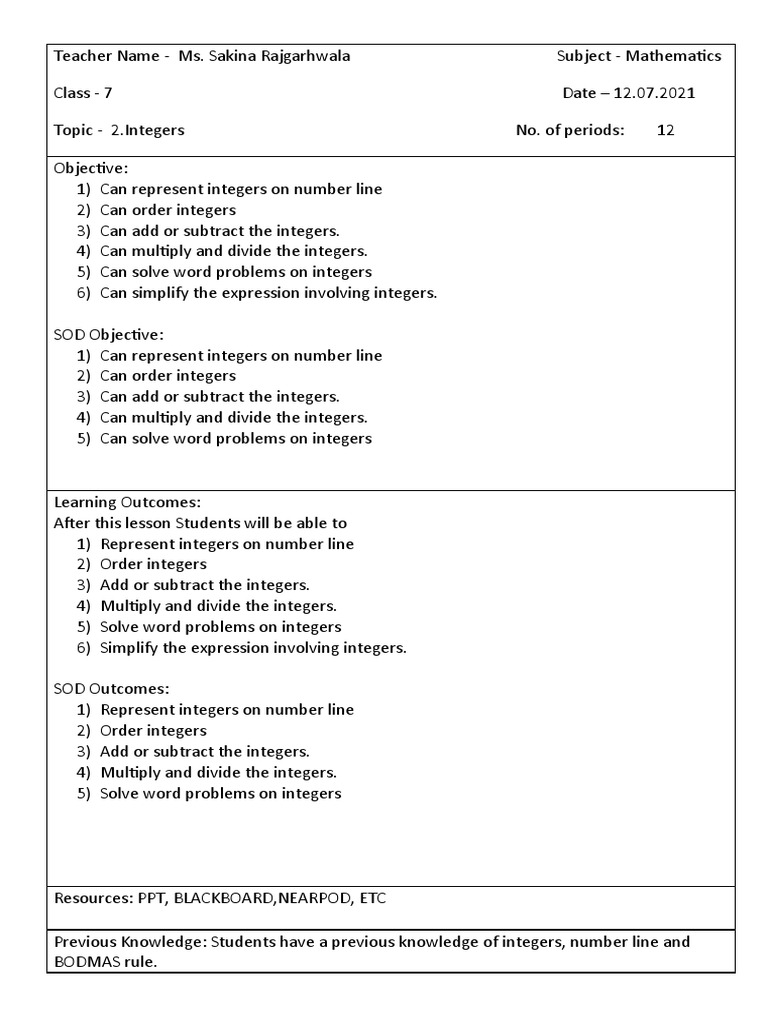 INTEGERS (Lesson Plan) | PDF | Numbers | Integer