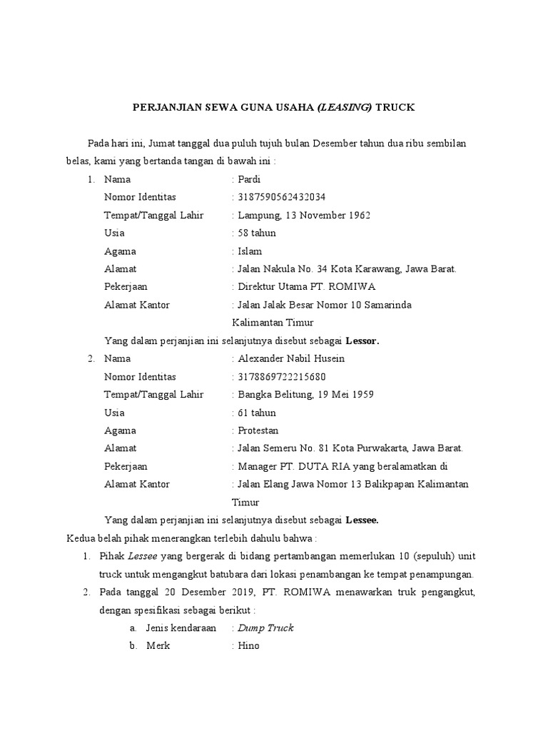 Perjanjian Sewa Guna Usaha (Leasing) 10 Unit Truk untuk Pengangkutan ...