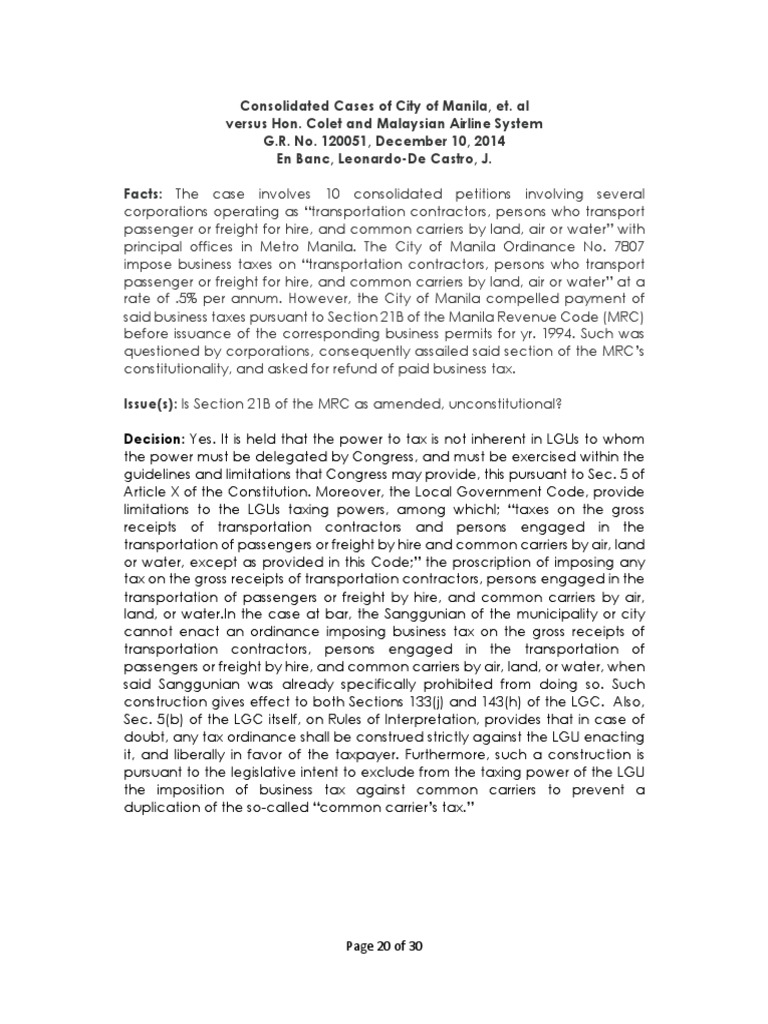 Manila v. Colet: Tax Ordinance Ruling | PDF | Common Carrier | Airlines