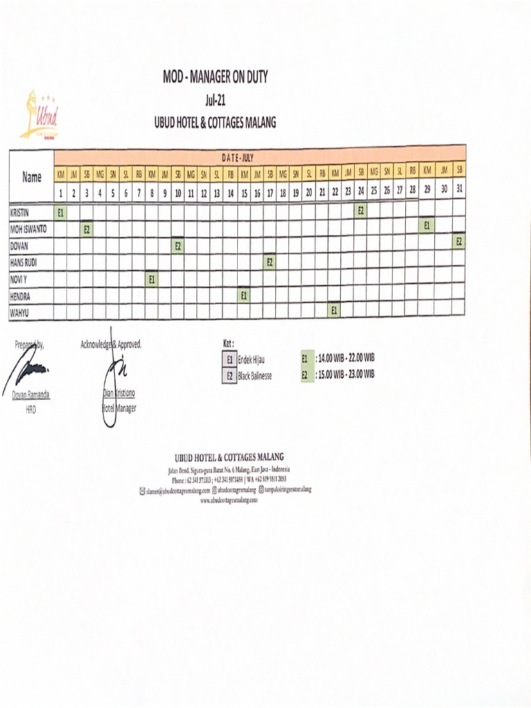 Schedule MOD (Manager On Duty) | PDF