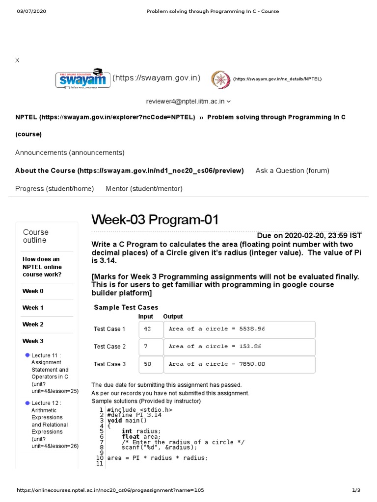Noc20-Cs06 Week 03 Assignment 02 | PDF | Pi | Computer Science