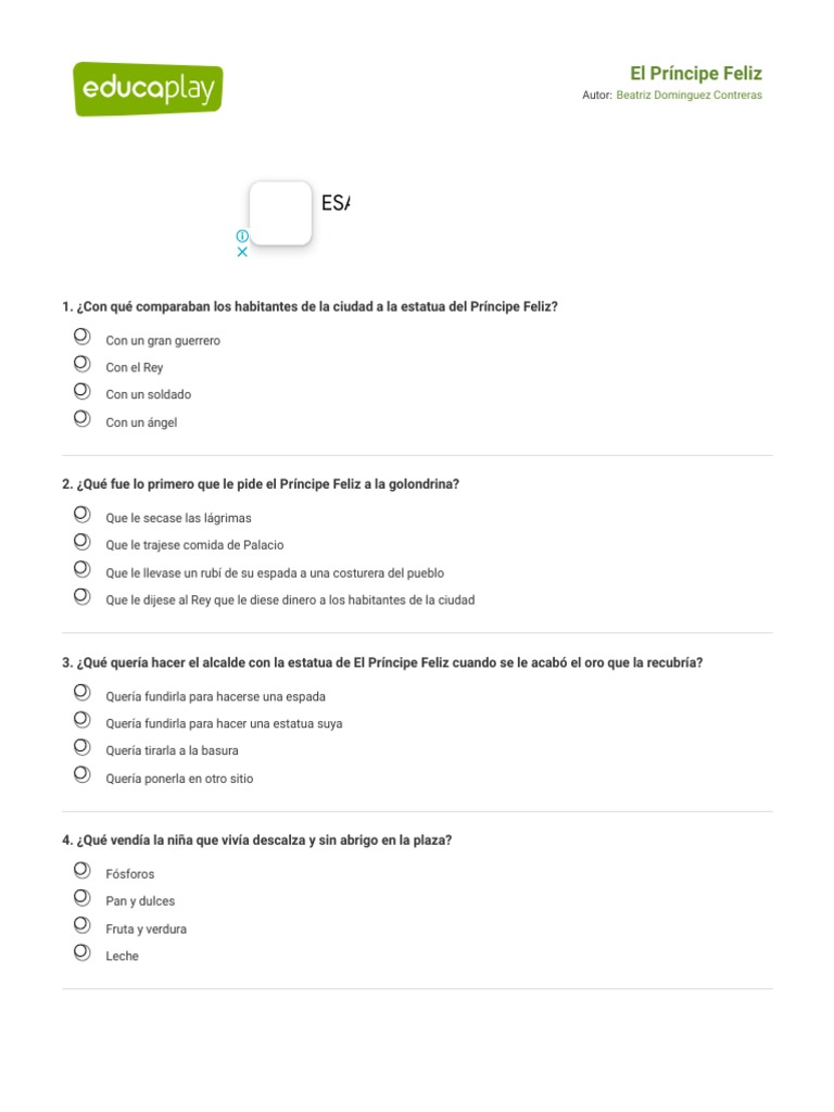 Imprimir Test - El Príncipe Feliz (Lengua - Cuento - Comprension ...