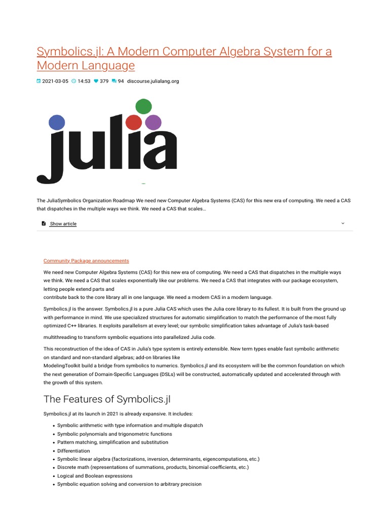 Julia's Symbolics.jl for CAS Enthusiasts | PDF | Ordinary Differential Equation | Equations