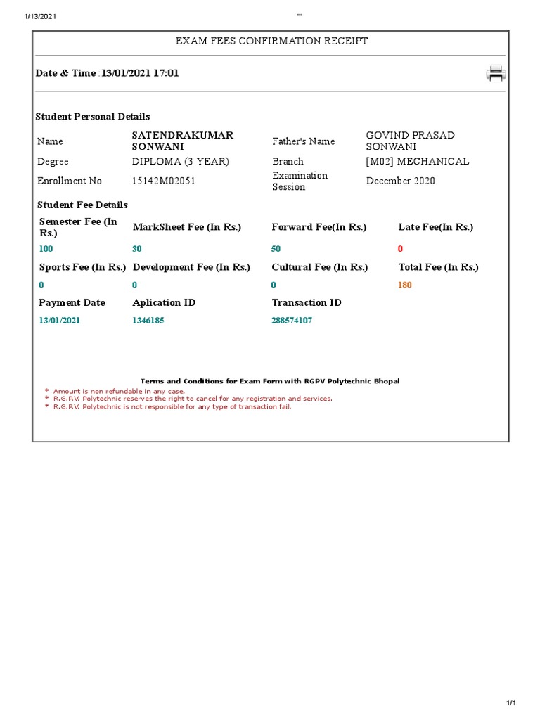 Exam Fees Confirmation Receipt: Terms and Conditions For Exam Form With ...