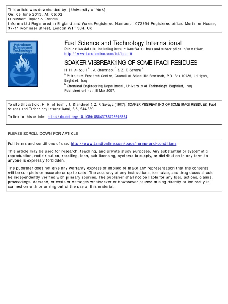 Soaker Visbreak1ng of Some Iraqi Residues | PDF | Petroleum | Chemical ...