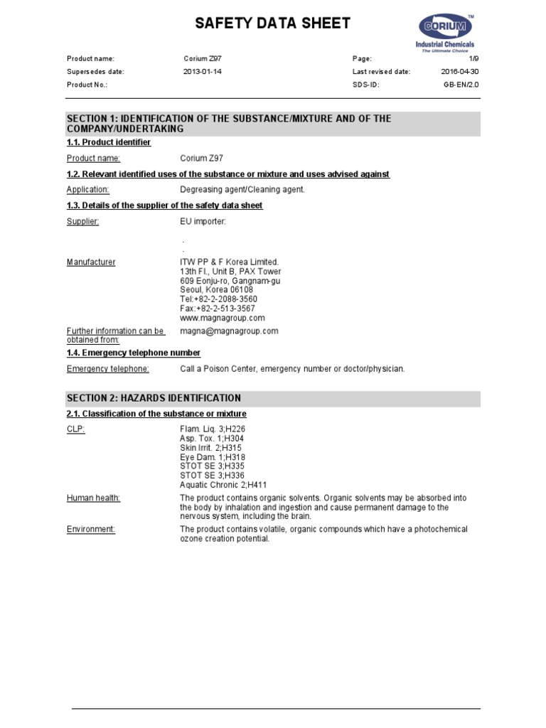 Safety Data Sheet: Section 1: Identification of The Substance/Mixture and of The Company ...