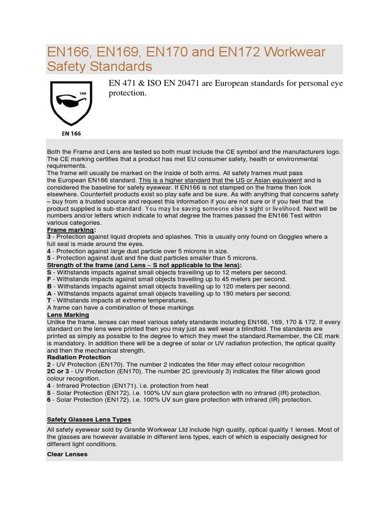 EN166, EN169, EN170 and EN172 Workwear Safety Standards | PDF | Light ...