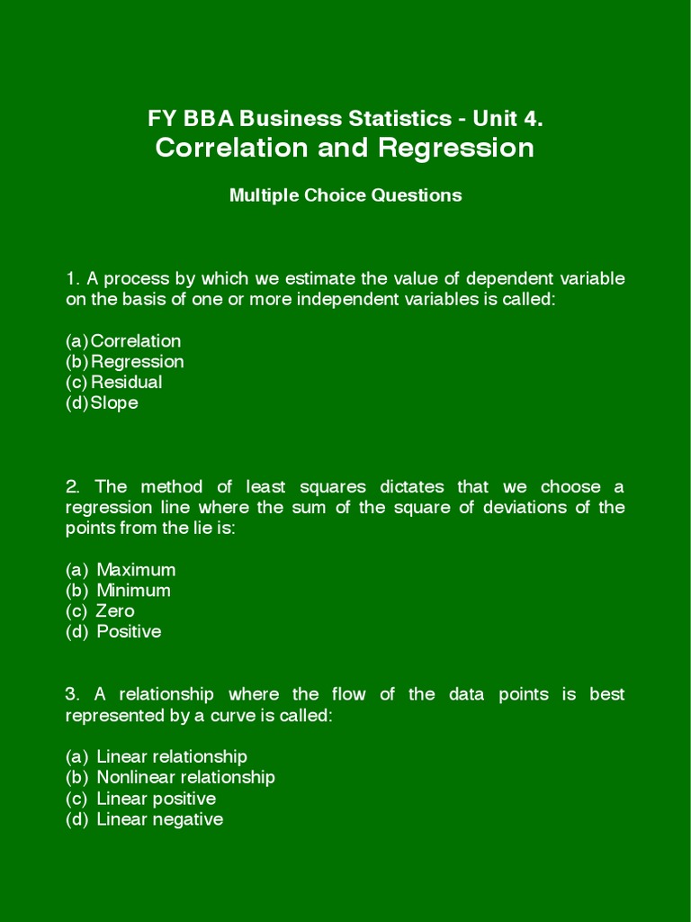 MCQs Unit 4 Correlation and Regression | PDF | Errors And Residuals ...