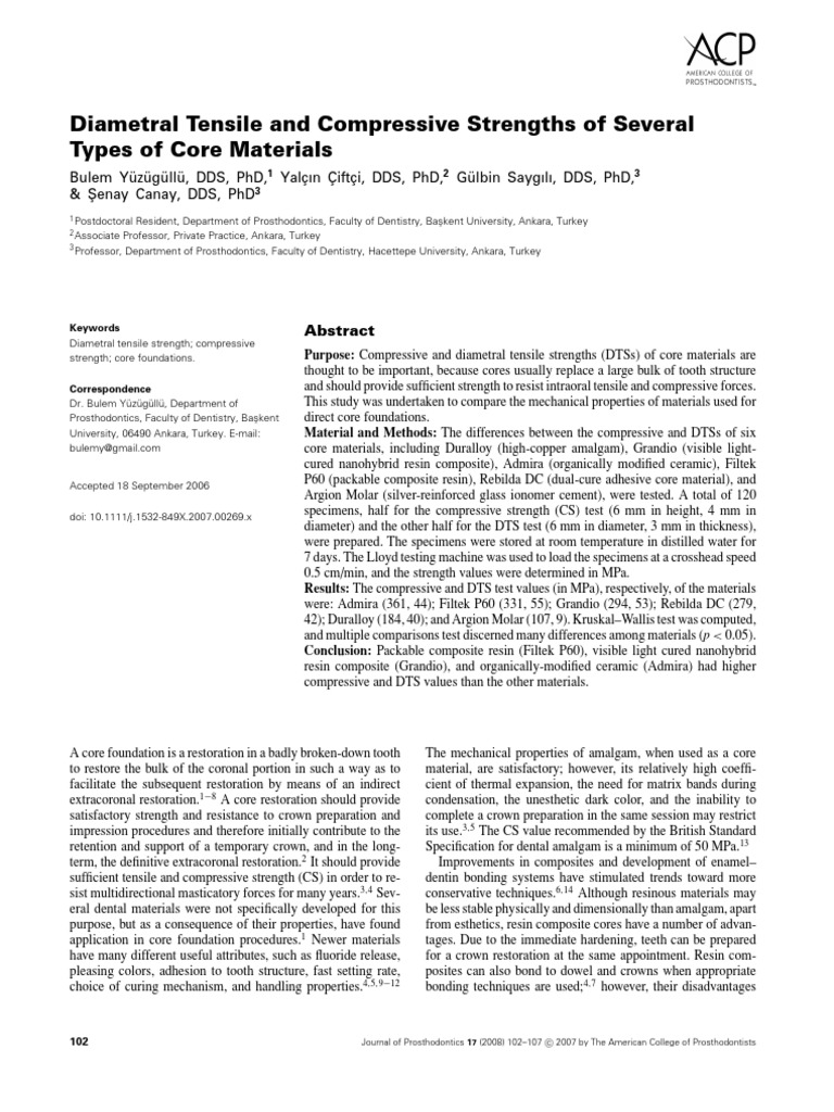 Diametral Strengths of Core Materials | PDF | Dental Composite | Dental ...