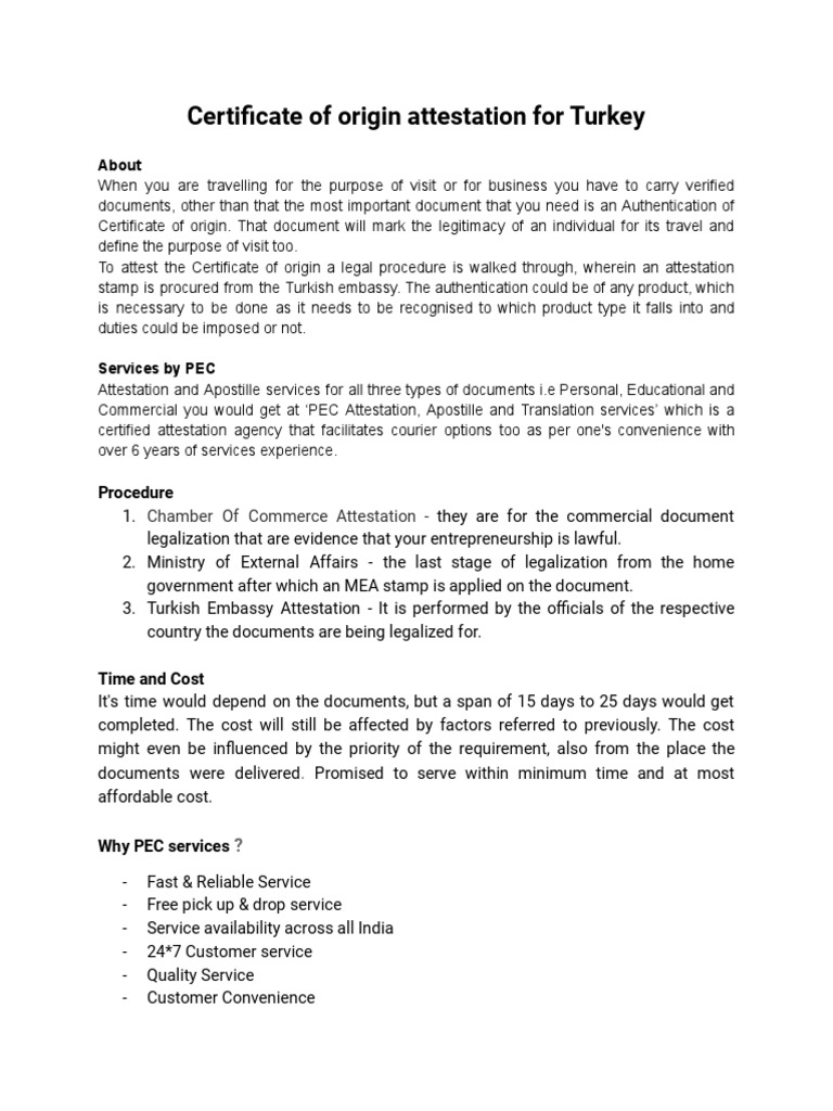 Turkey Certificate of Origin Attestation | PDF