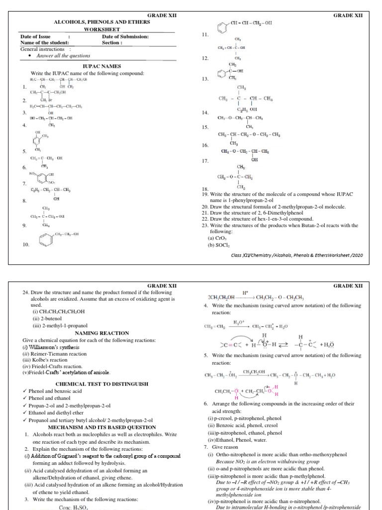 Alcohols, Phenols and Ethers Worksheet Answer Grade 12 | PDF | Alcohol ...