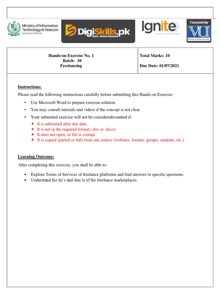 Hands - On Exercise No. 1 Batch - 10 Freelancing Total Marks: 10 Due Date: 01/07/2021 | PDF