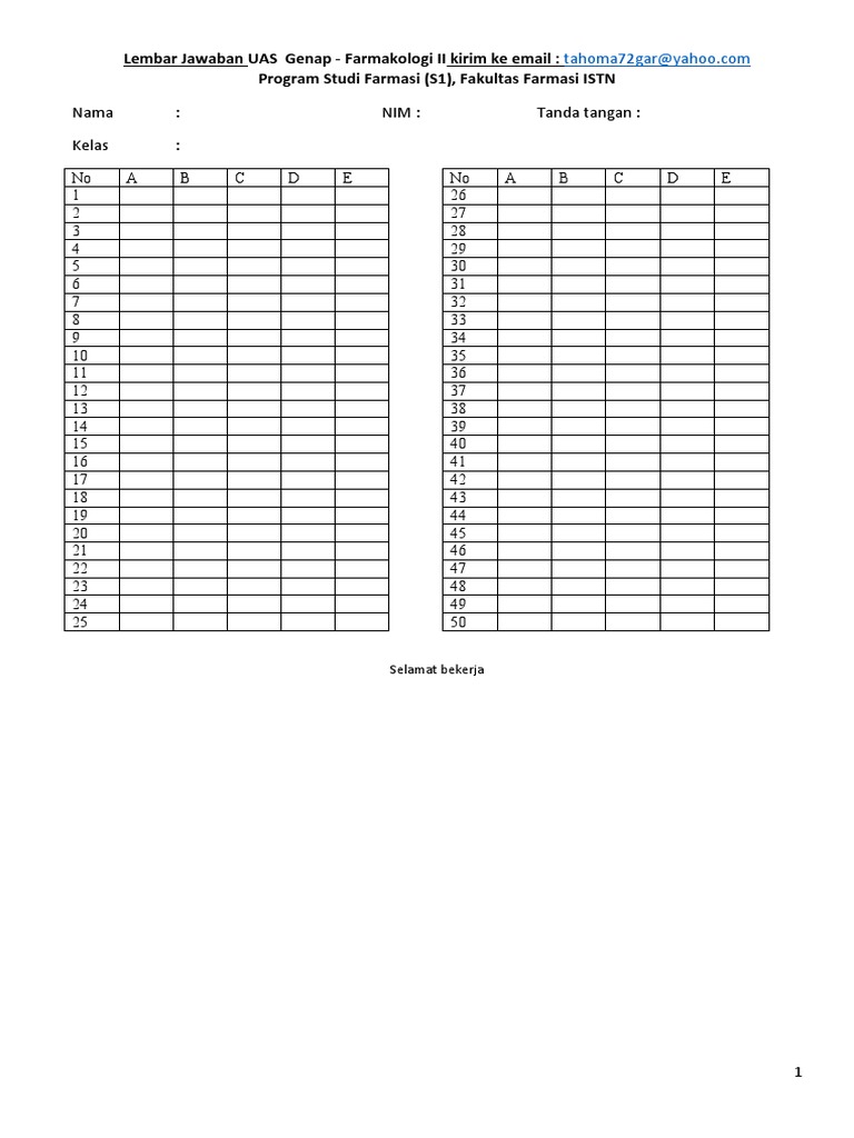Lembar Jawaban UAS Farmakologi II ISTN 20202021 | PDF