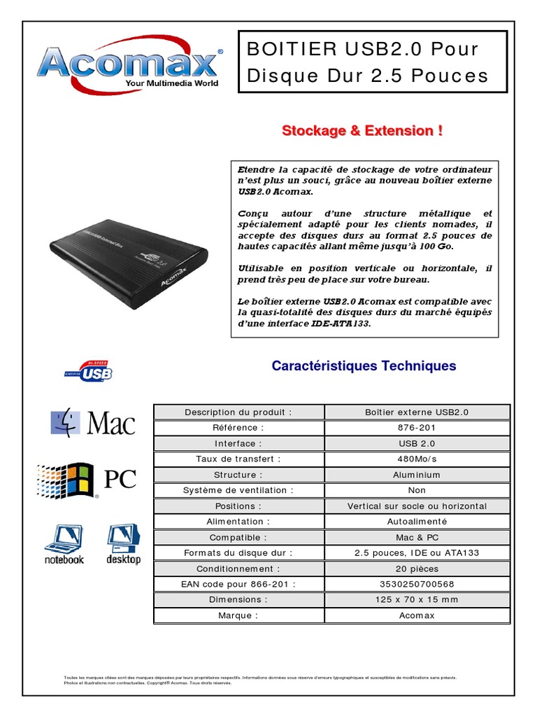 Notice ACOMAX BOITIER EXTERNE USB2.0 | PDF | Disque dur | Biens ...