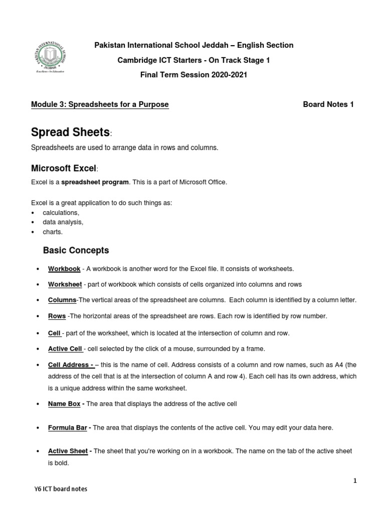Y6 ICT Spreadsheet Basics | PDF | Spreadsheet | Microsoft Excel