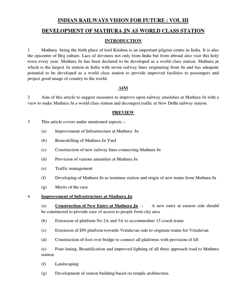 Indian Railways Vision For Future: Vol Iii Development of Mathura JN As ...