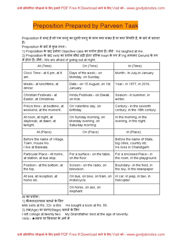 Preposition Notes of English Grammar Kashif | PDF