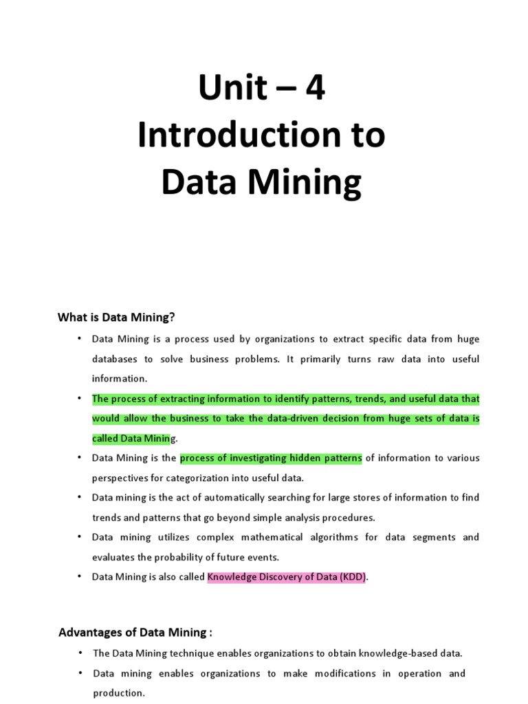 Unit - 4 Introduction To Data Mining | Download Free PDF | Data Mining | Databases