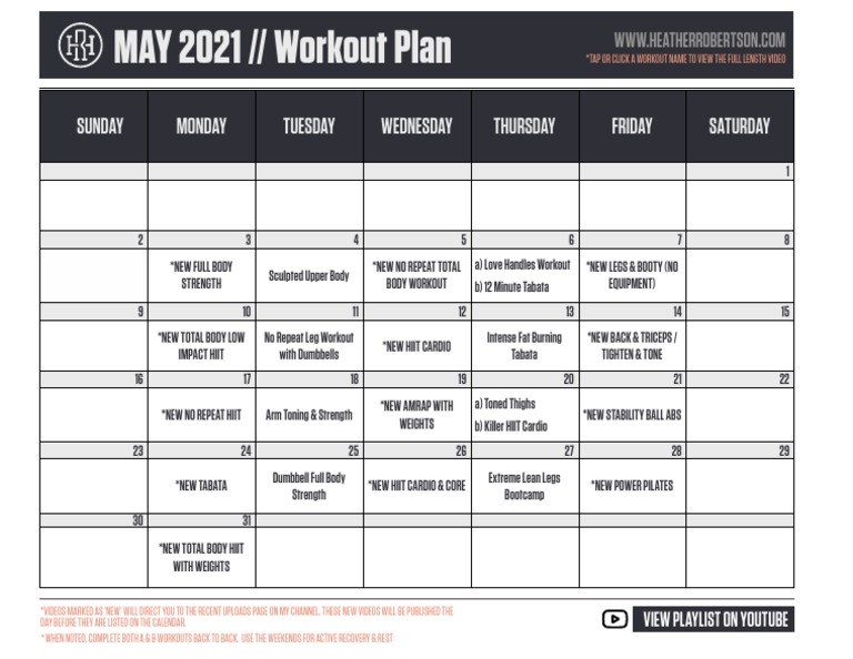 MAY 2021 // Workout Plan: Sunday Monday Tuesday Wednesday Thursday ...