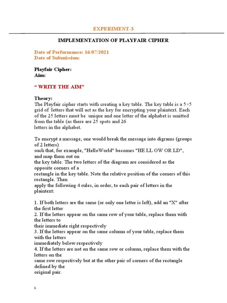 Implementation of Playfair Cipher: Experiment-3 | PDF | Computer ...