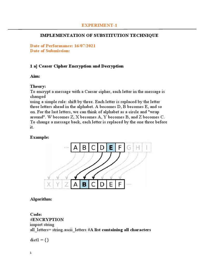 Implementation of Substitution Technique: Experiment-1 | PDF | Cipher ...