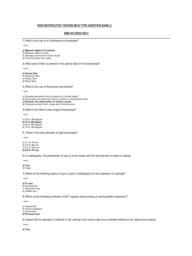 Non-Destructive Testing MCQ Type Question Bank-2: A) Measure Depth of ...