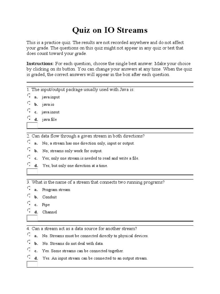 Quiz On IO Streams | PDF | Input/Output | Text File