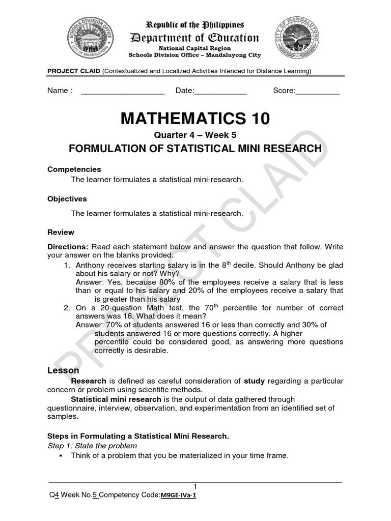 Math 10: Statistical Mini Research Guide | PDF | Survey Methodology | Statistics