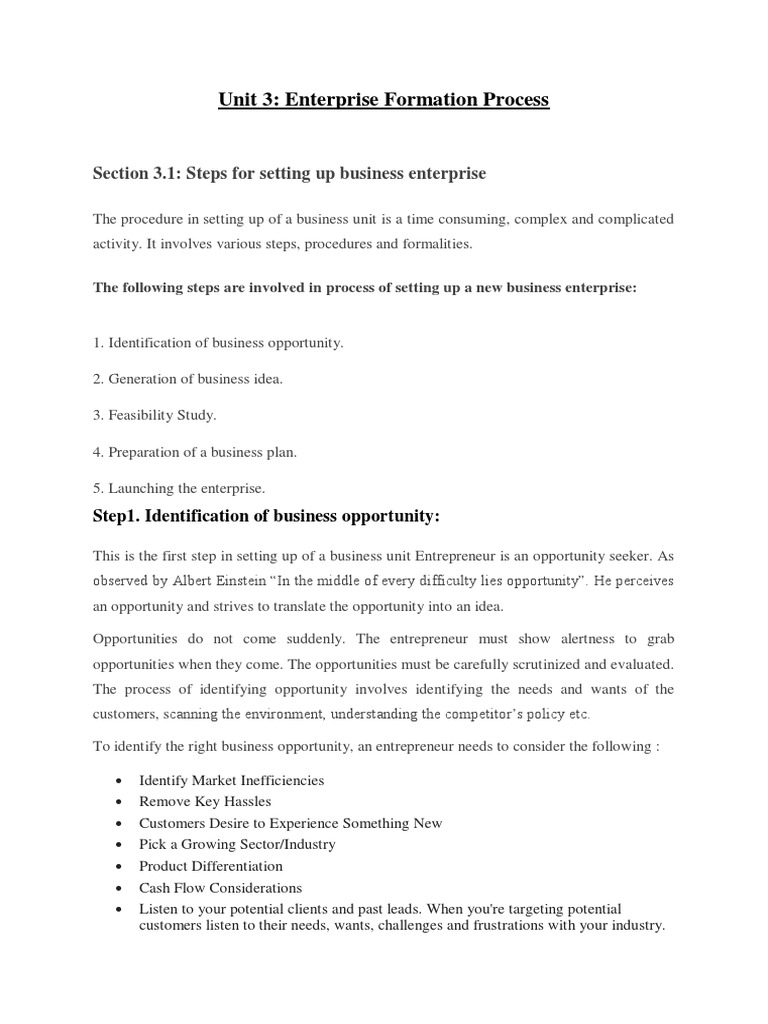 Unit 3 Enterprise Formation Process | PDF | Feasibility Study ...