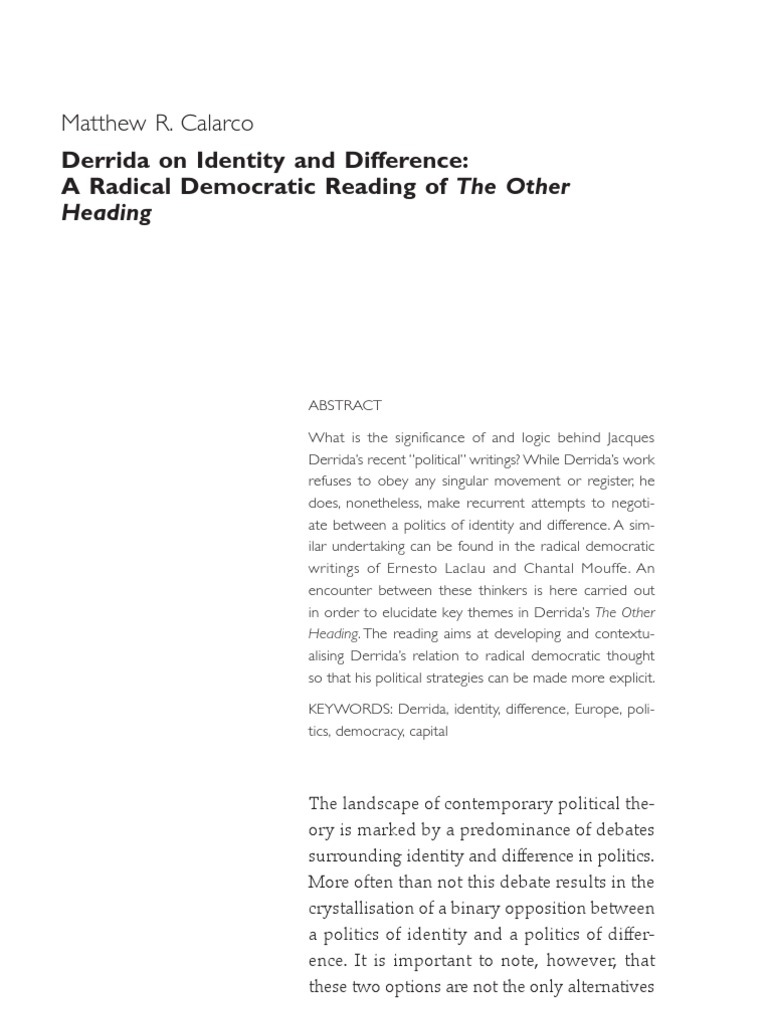 Derrida On Identity and Difference - A Radical Democratic Reading of ...