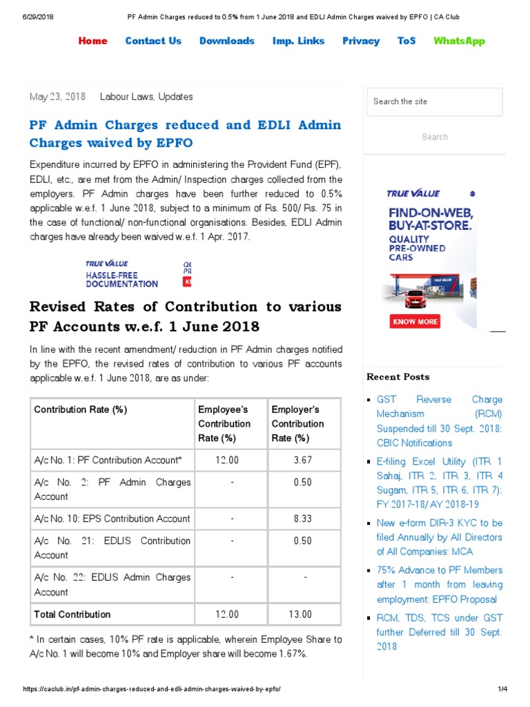 PF Admin Charges Reduced To 0.5% From 1 June 2018 and EDLI Admin ...