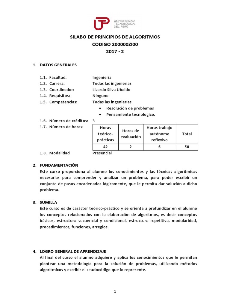 Sílabo de Algoritmos para Ingenierías | PDF | Algoritmos | Prueba (evaluación)