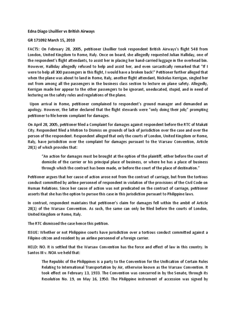 Edna Diago Lhuillier Vs British Airways | PDF | Treaty | Complaint